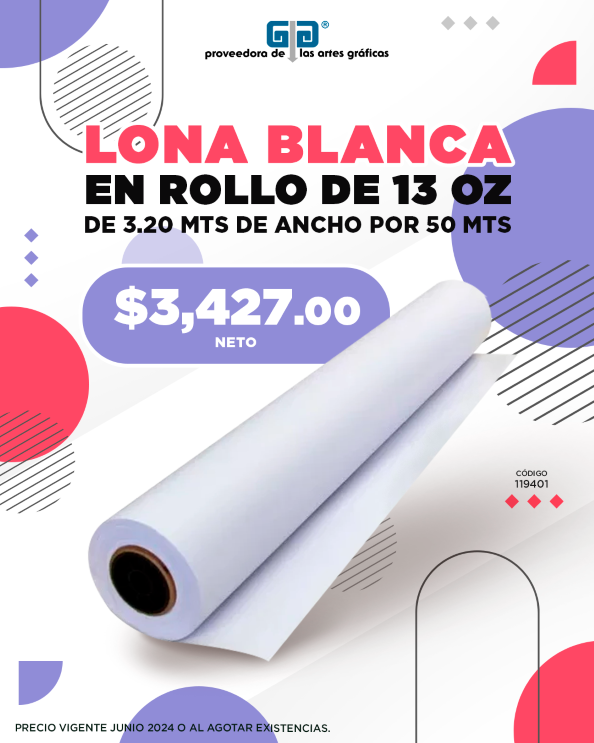 LONA BLANCA EN ROLLO DE 13 OZ DE 3.20 MTS DE ANCHO POR 50 METROS