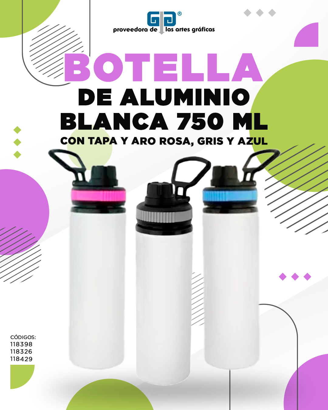 BOTELLA DE ALUMINIO BLANCA 850 ML CON TAPA Y ARO DE COLOR